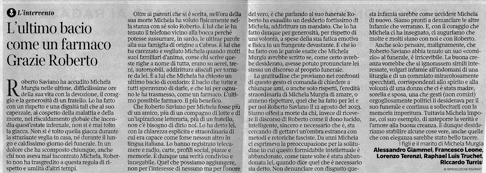 L’ultimo bacio come un farmaco. Grazie Roberto Saviano. Lettera di Alessandro Giammei, Francesco ...